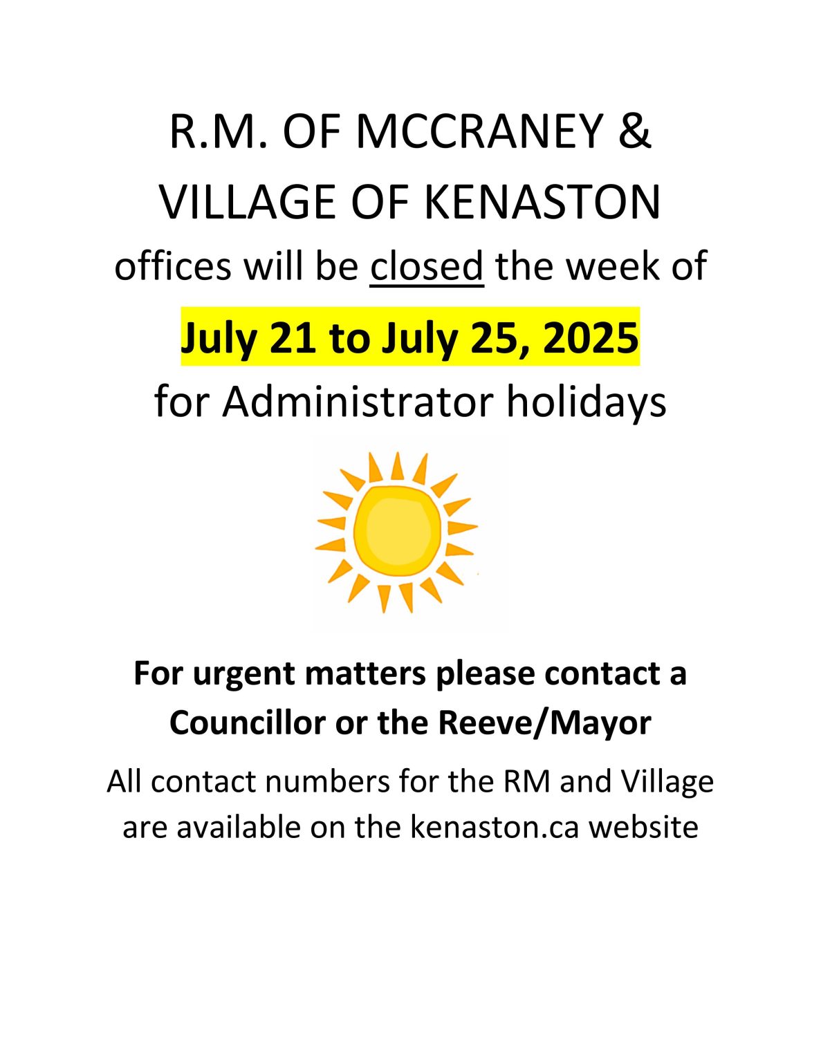Office Closed for Admin Holidays – Village of Kenaston